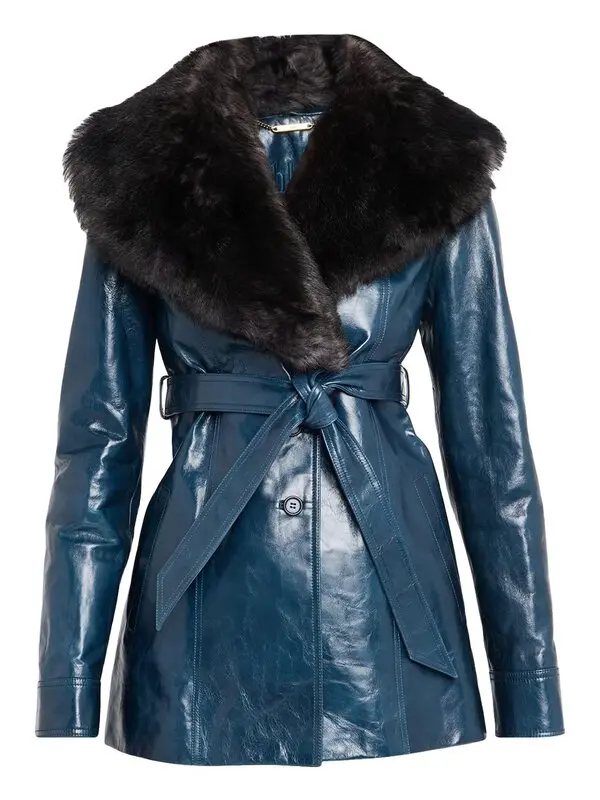 Chloé Shiny Leather Wrap Coat With Shearling Collar - Blue
