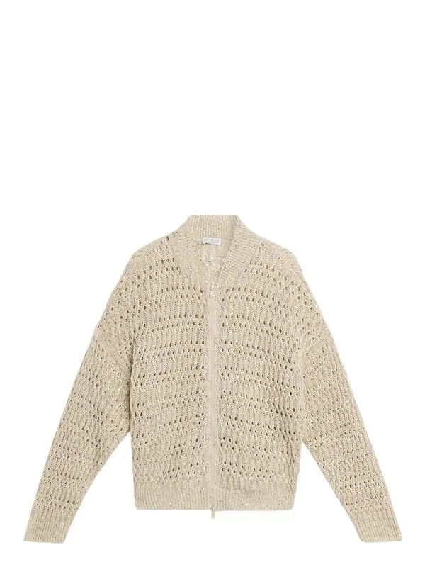 Brunello Cucinelli Paillette Linen Open-knit Zip Cardigan - Beige