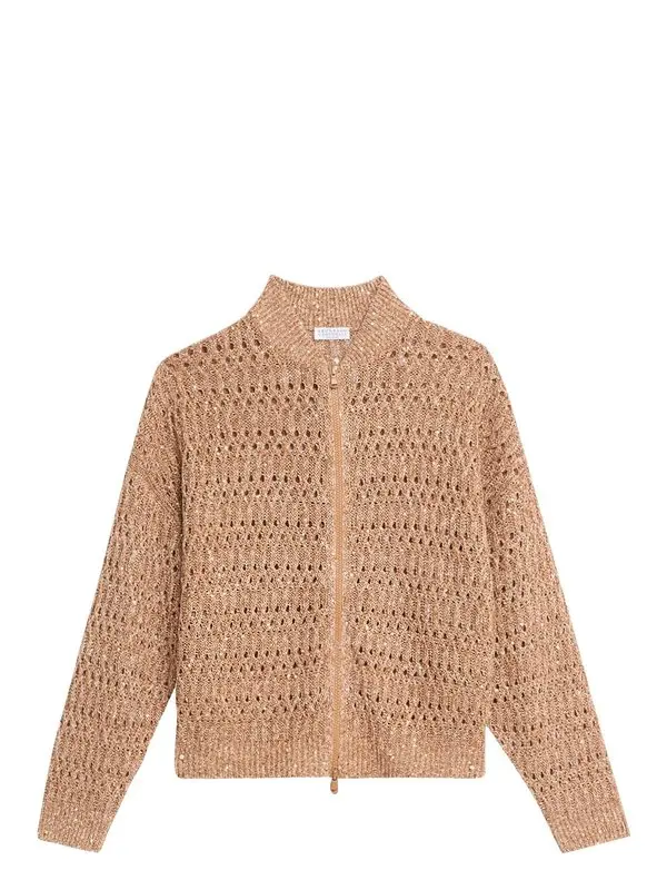Brunello Cucinelli Paillette Linen Open-knit Zip Cardigan - C8585 Burn