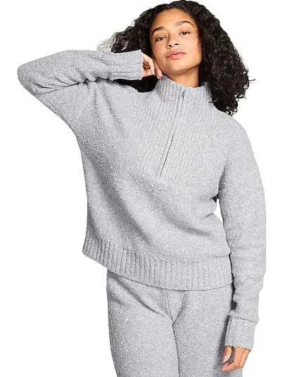 Pink Cozy Bouclé Half-zip Pullover - Grey