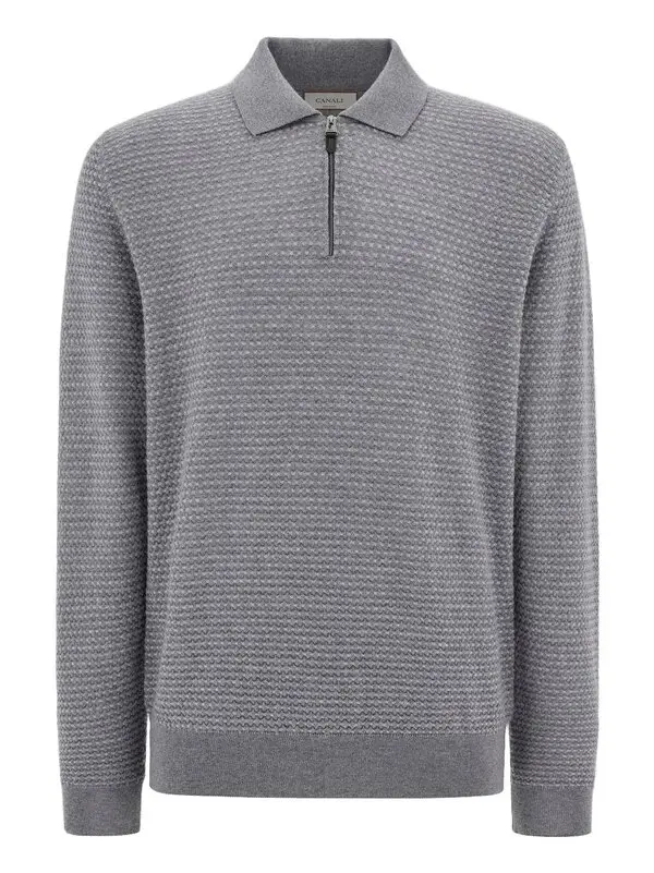 Canali Zip Polo In Light Gray Extrafine Merino Wool - Grey