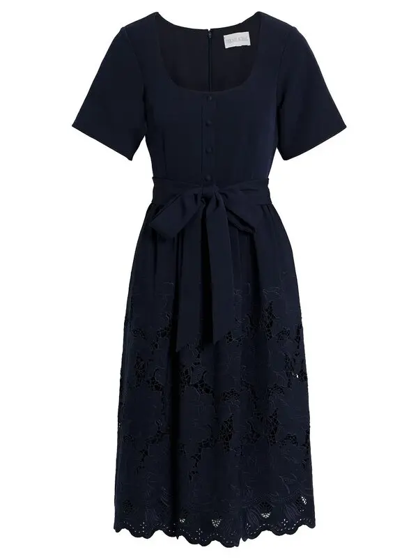 MIKAEL AGHAL Belted Guipure Lace And Crepe Midi Dress - Navy