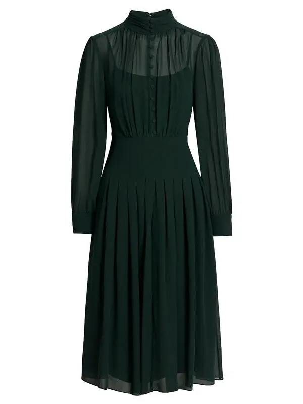 MIKAEL AGHAL Pleated Chiffon Midi Dress - Dark Green