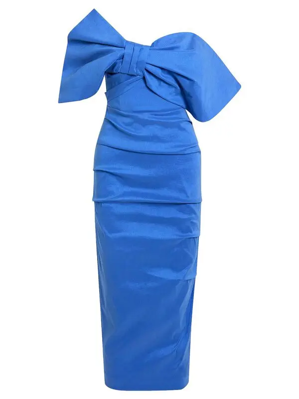 Rachel Gilbert Strapless Shantung Midi Dress With Bow - Blue