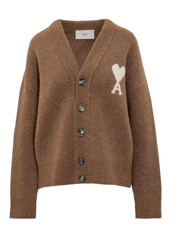 Ami Cardigan With Heart Logo - Brown