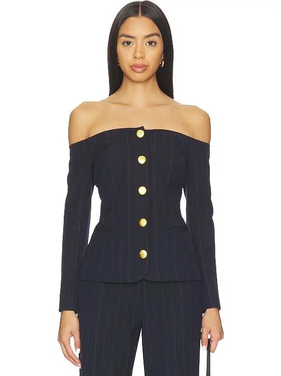 L'Agence Alice Off Shoulder Blazer - Midnight & Burgundy Pinstripe