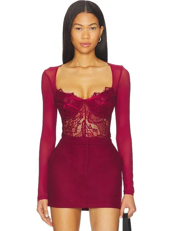 Bardot Farrah Lace Mesh Bodysuit - Burgundy