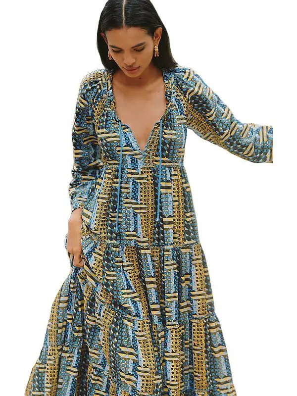 RO'S GARDEN Sonia Long-sleeve Tiered Maxi Dress - Blue Pattern