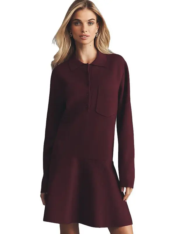 English Factory Long-sleeve Polo Mini Dress - Burgundy