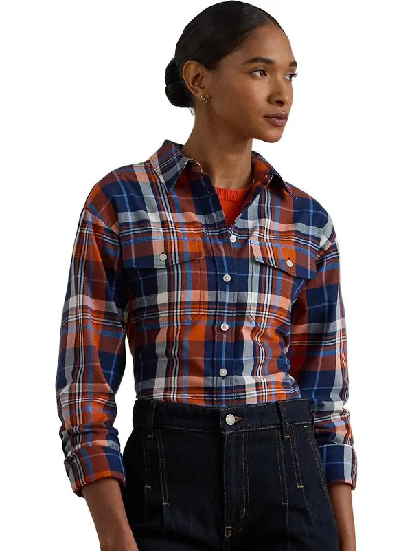 Ralph Lauren Plaid Cotton Twill Shirt - Orange/navy/white