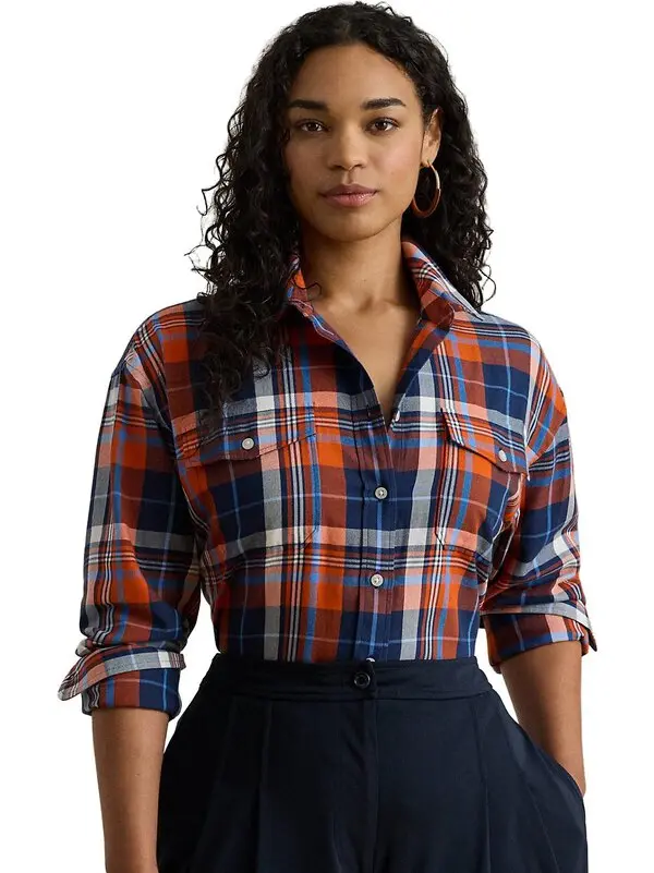 Ralph Lauren Plaid Cotton Twill Shirt - Orange/navy/white