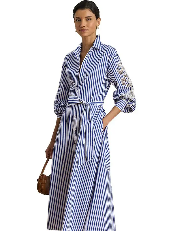 Ralph Lauren Striped Eyelet Broadcloth Shirt Dress - Blue/white Multi