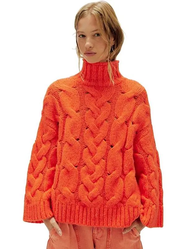 Free People Clementine Softspun Cable Knit Pullover - Orange Tango