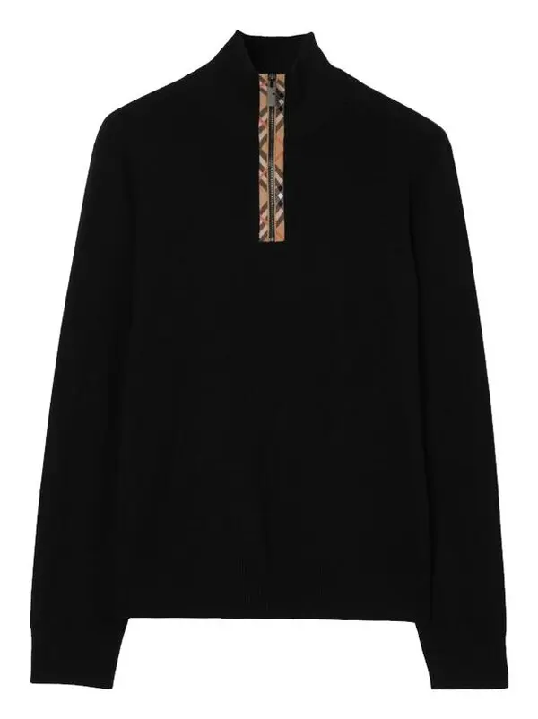 Burberry Check Trim Wool Half-zip Sweater - Black