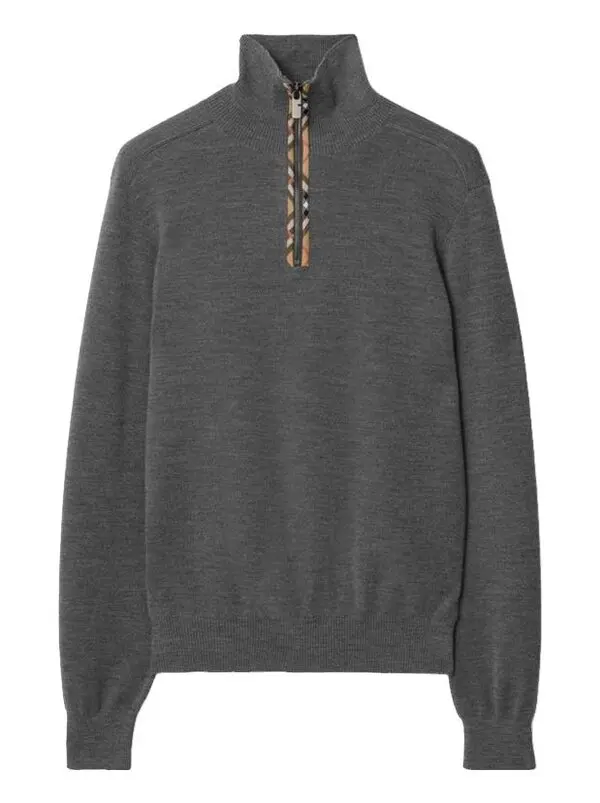 Burberry Check Trim Wool Half-zip Sweater - Grey
