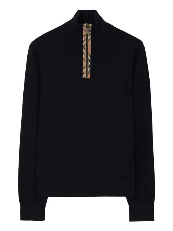 Burberry Check Trim Wool Half-zip Sweater - Navy