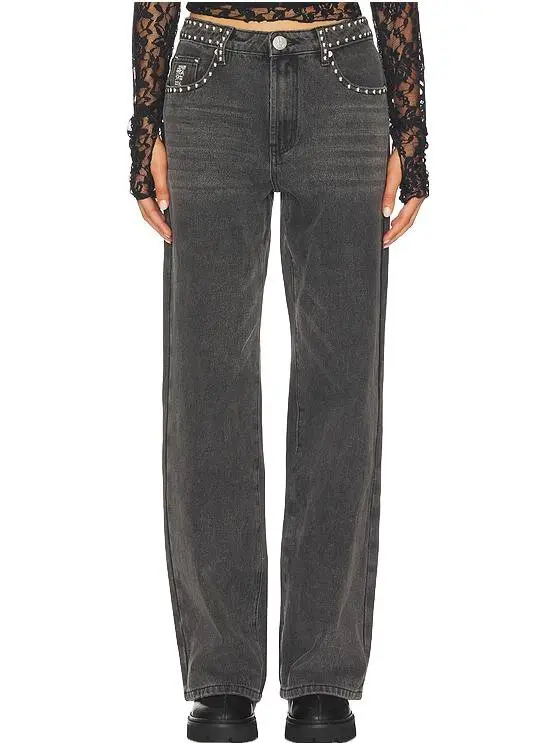 ONETEASPOON Jackson Mid Waist Wide Leg Jeans With Metallic Stud Trim - Black