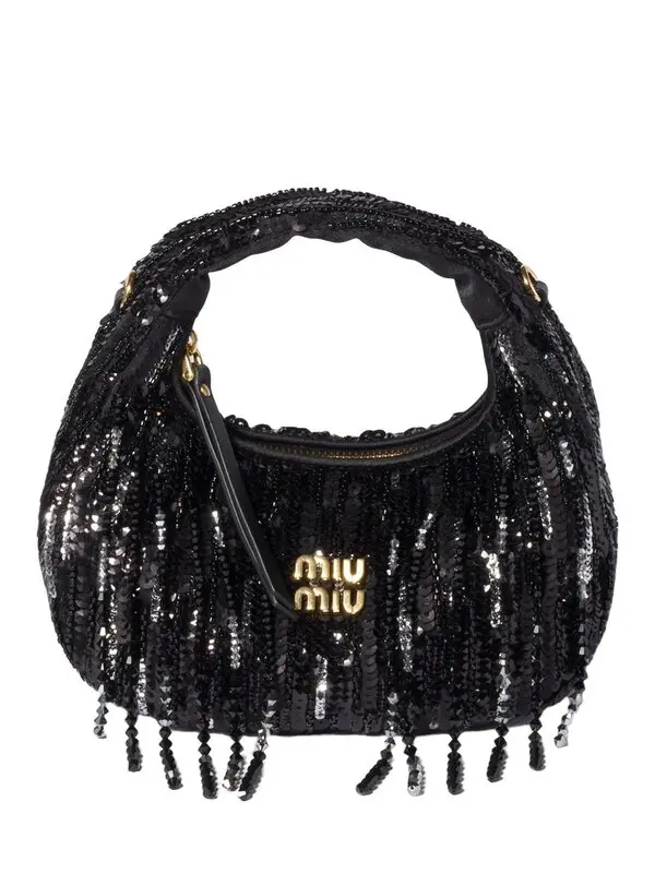 Miu Miu Wander Mini-bag With Crystal And Sequin Fringe - Black