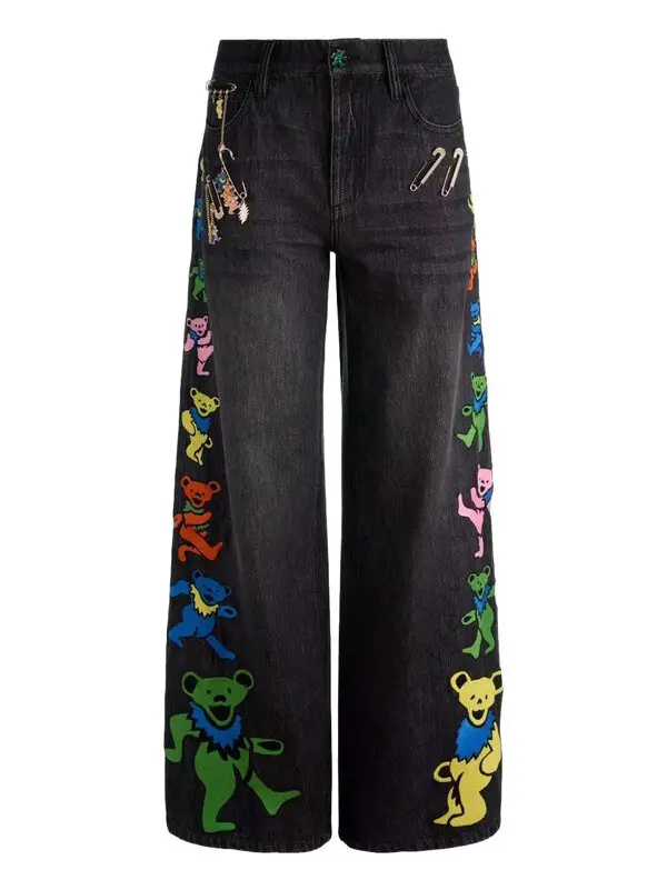 Alice + Olivia Embroidered Wide Leg Jeans - Black