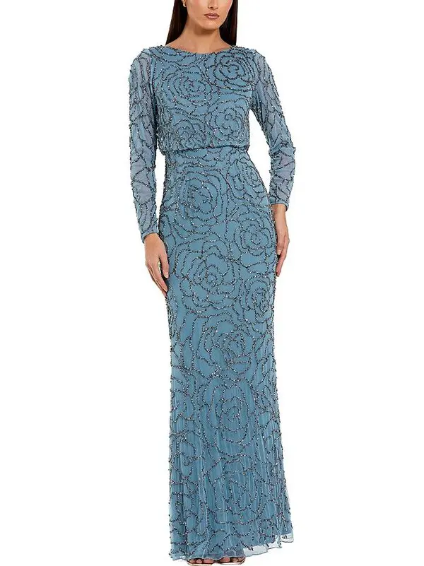 Mac Duggal Beaded Mesh Long Sleeve Blouson Top Gown - Smoky Blue