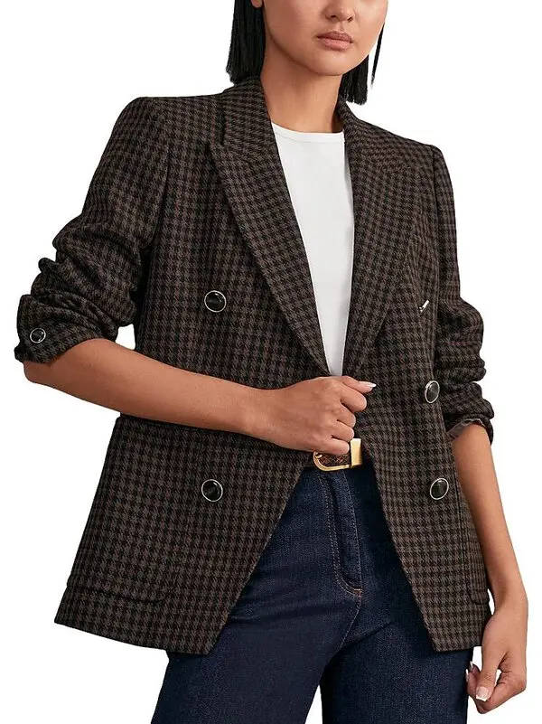 REISS Ayla Double Breasted Check Jacket - Brown Check