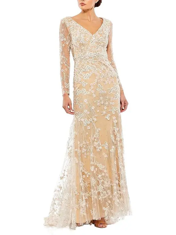 Mac Duggal Embroidered V-neck Trumpet Gown - Ivory Nude