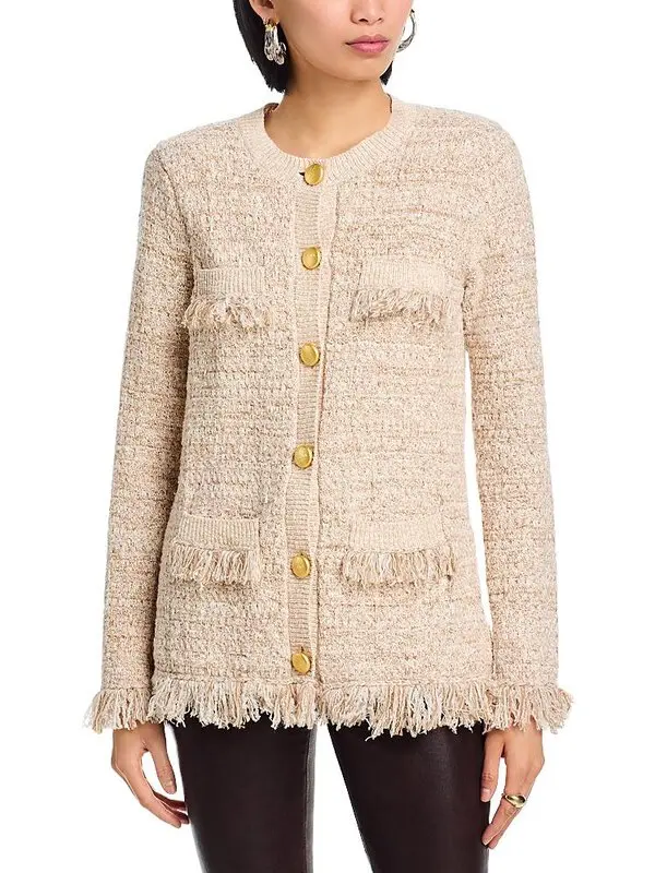 L'Agence Fringe Trim Cardigan Sweater - Natural Multi Boucle