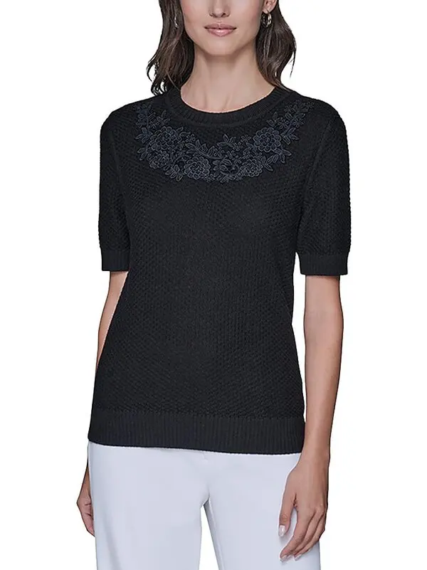 Karl Lagerfeld Paris Floral Trimmed Cotton Sweater - Black