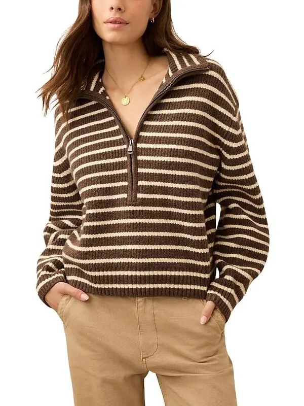 Faherty Brand Jackson Quarter Zip Striped Sweater - Mocha Stripe