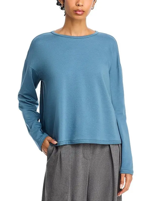 Eileen Fisher Striped Cozy Brushed Terry Round Neck Cropped Boxy Top - Seaspray