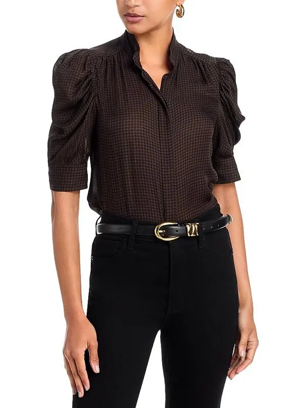 FRAME The Silk Houndstooth Gillian Top - Americano Multi
