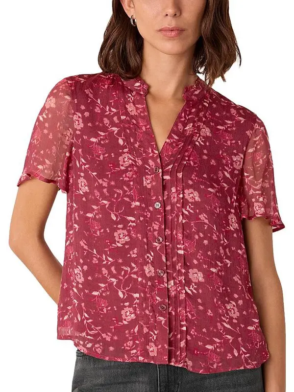 Whistles Ditsy Floral Split Neck Blouse - Burgundy/multi