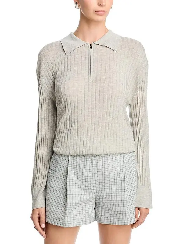 Brandon Maxwell Sabine Silk & Cashmere Zippered Polo Top - Light Heather Grey