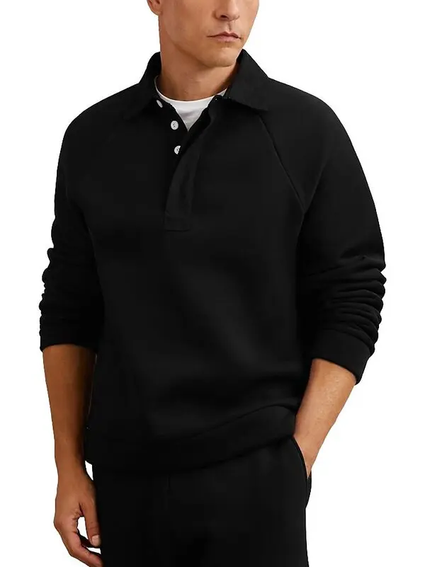 REISS Costello Jersey Fleeceback Polo Shirt - Black
