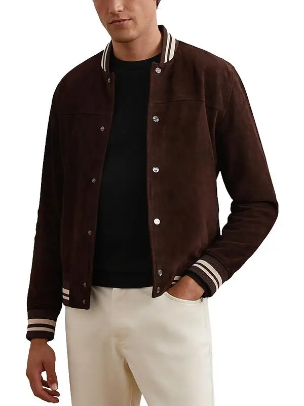 REISS Banridge Long Sleeved Suede Bomber Jacket - Chocolate