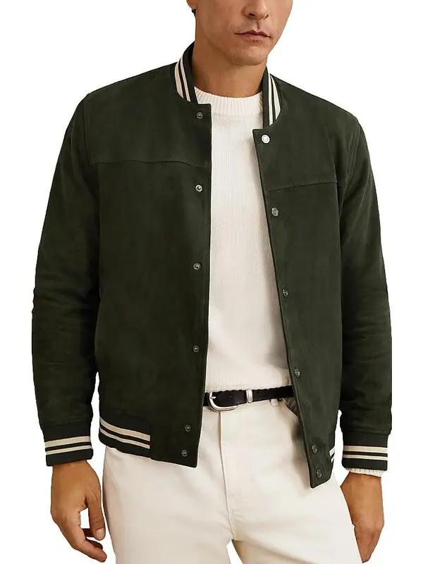 REISS Long Sleeved Suede Stripe Bomber Jacket - Forest Green
