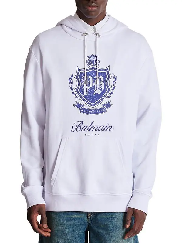 Balmain College Emblem Logo Graphic Hoodie - White/blue