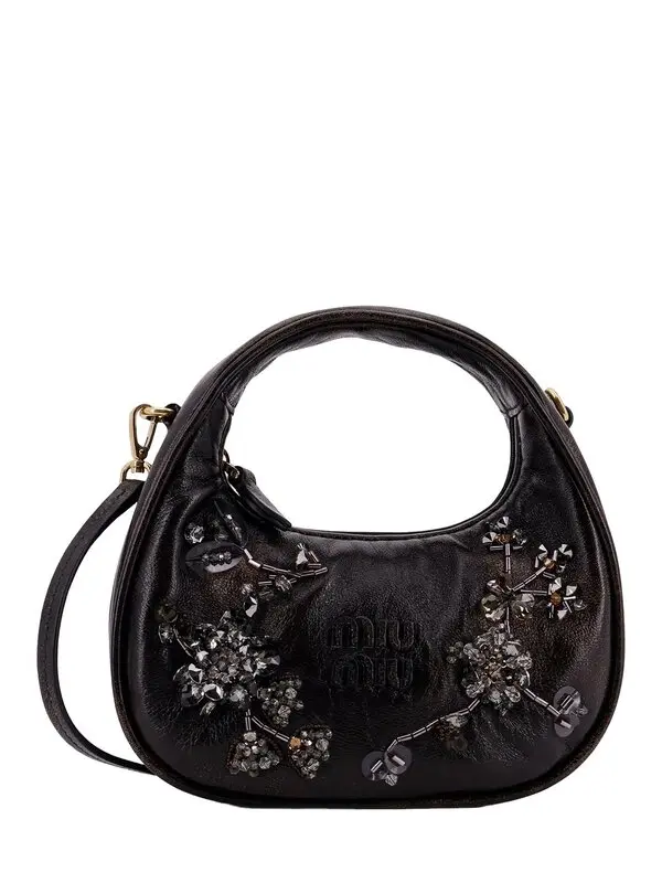 Miu Miu Wander Leather Mini Crossbody Bag With Embroidery - Black