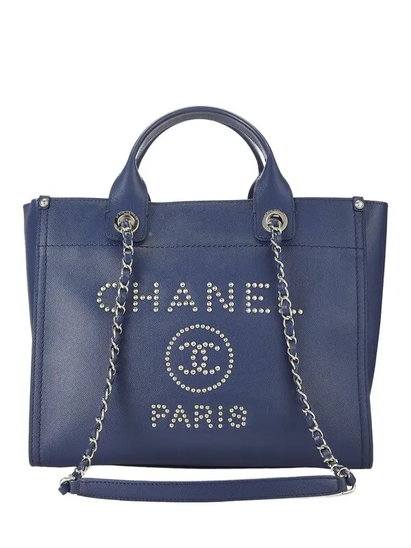 Chanel Caviar Studded Deauville Shopping Tote - Blue