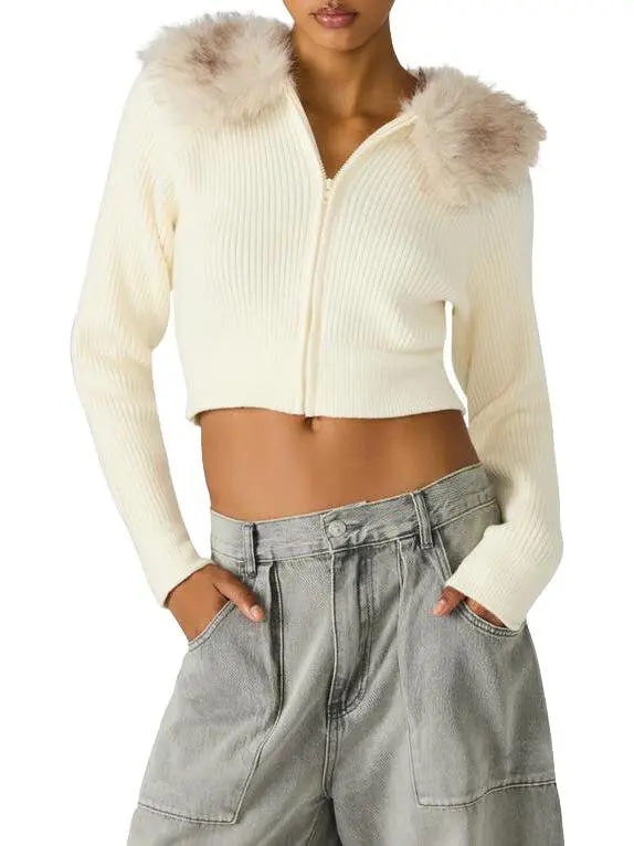 Steve Madden Lysia Faux Fur Collar Rib Jacket - Cream