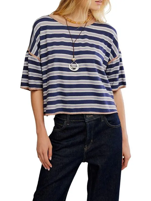 Free People Clean Rugby Stripe Cotton Top - Navy Combo