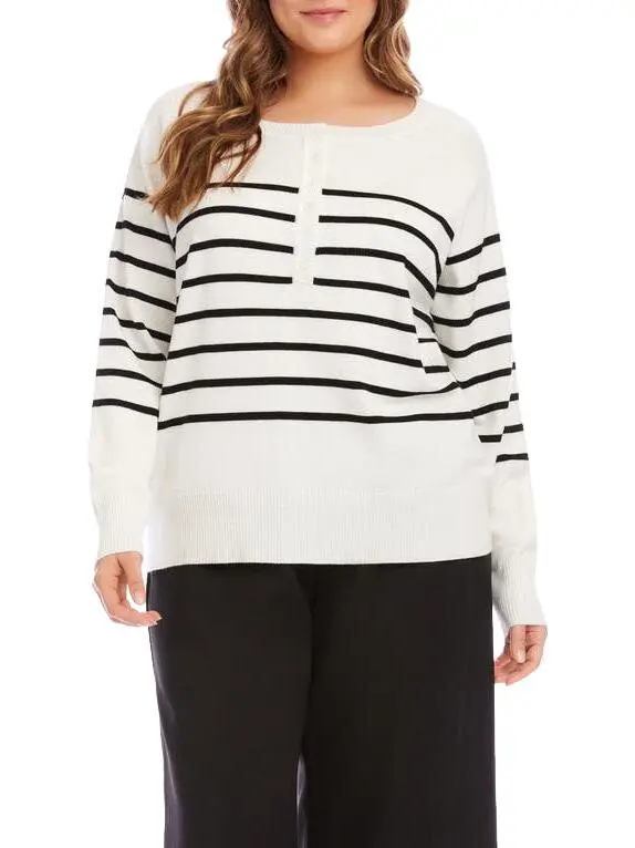 Karen Kane Striped Henley Sweater - Off White/black