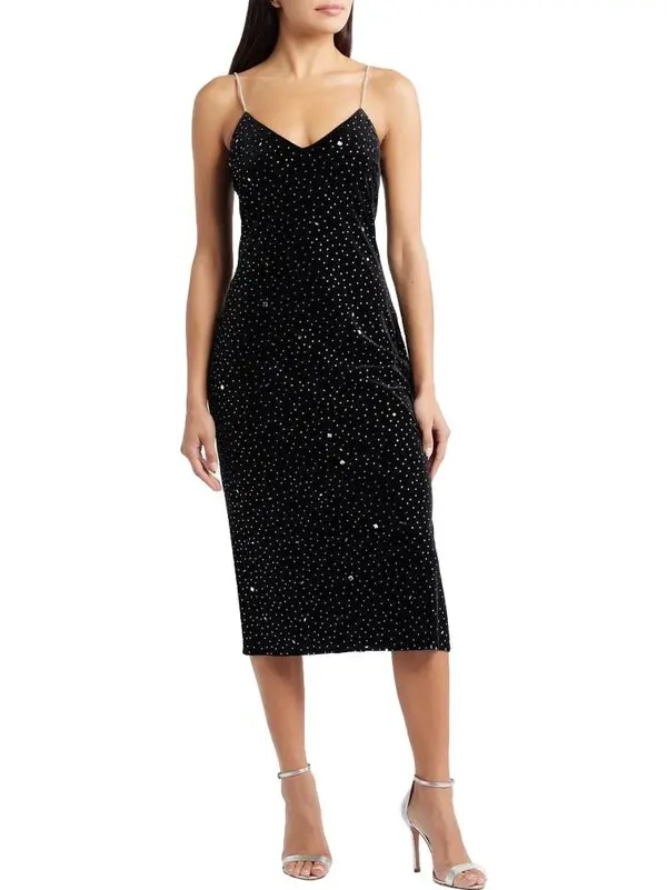 Sam Edelman Velvet Rhinestone Embellished Midi Slipdress - Black