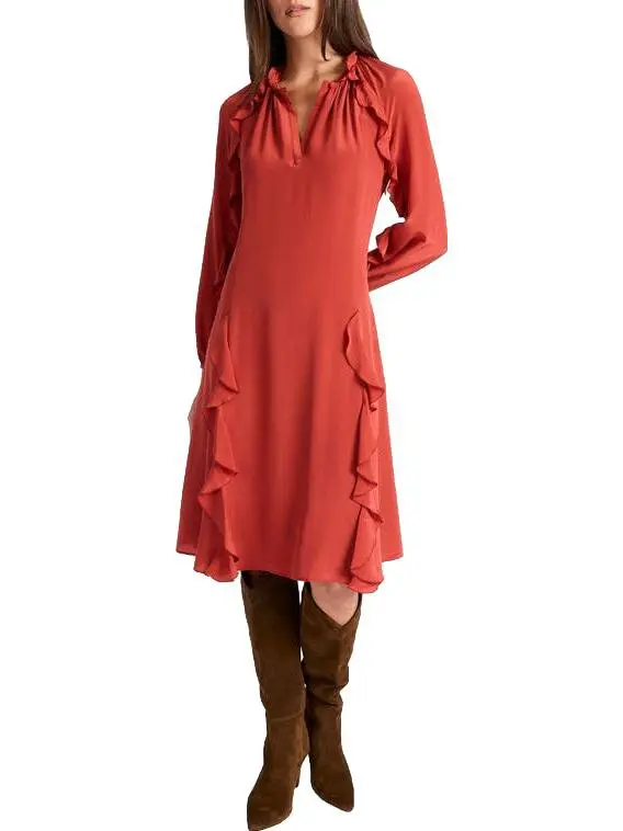Santorelli Jayda Silk Long Sleeve Ruffle Dress - Rust