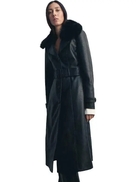 Mango Faux Leather Belted Coat With Faux Fur Trim - Black