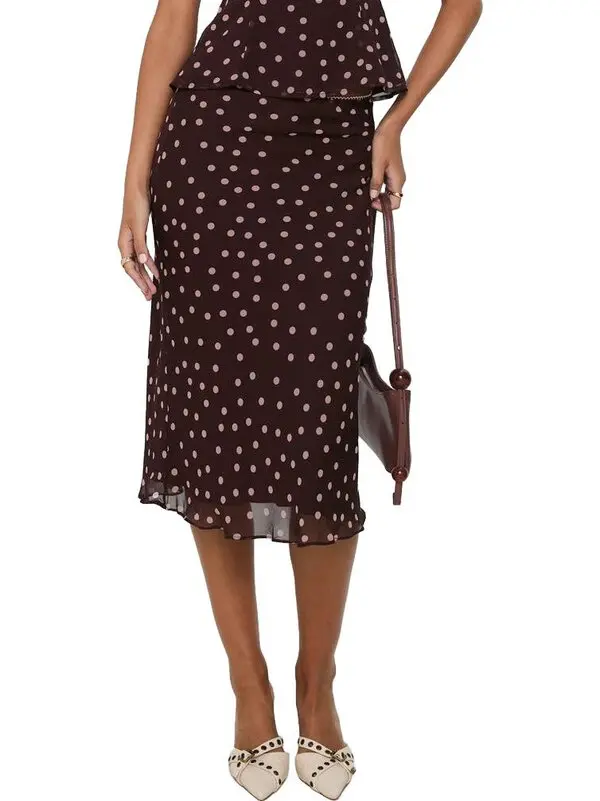 Princess Polly Sydni Dot Bias Cut Midi Skirt - Chocolate/pink Polka