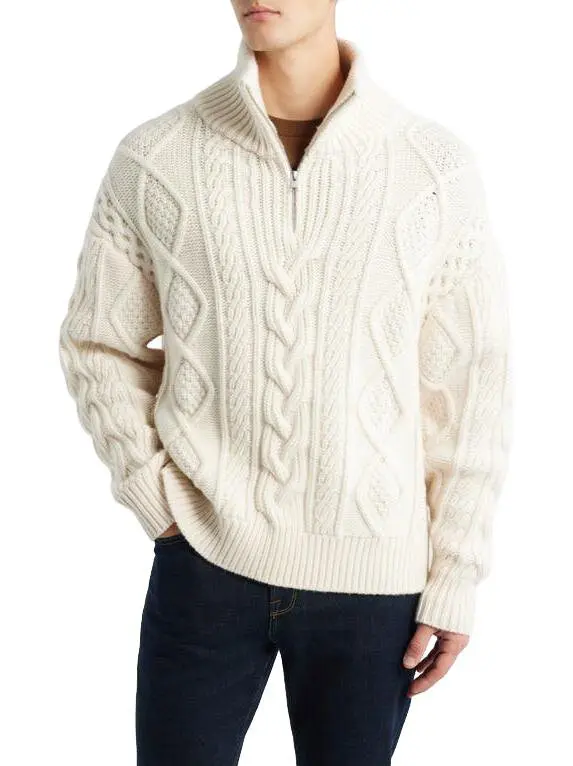 FRAME Oversized Chunky Cabled Wool & Cashmere Half Zip Sweater - Cream