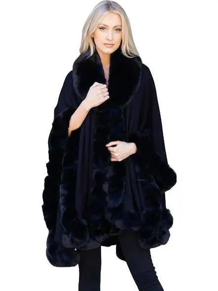 LE FAFO Wool Poncho With Faux Fur Trim - Black