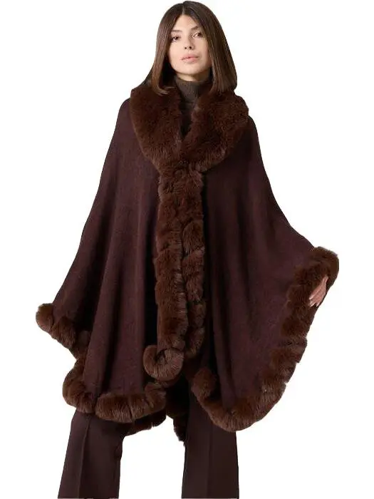 LE FAFO Wool Poncho With Faux Fur Trim - Brown
