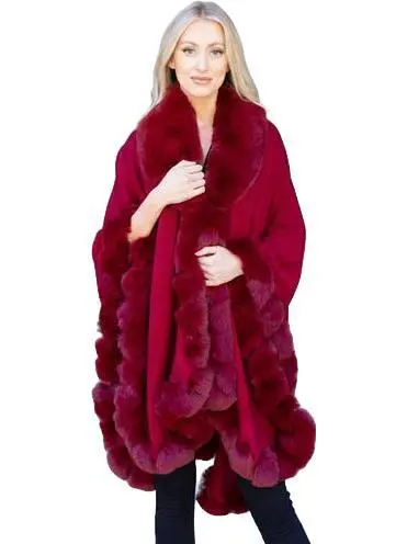 LE FAFO Wool Poncho With Faux Fur Trim - Burgundy